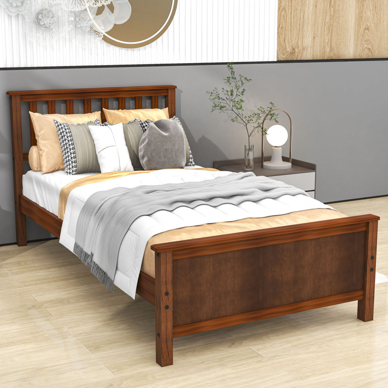 Crescen Twin size Platform Bed with Headboard Footboard Red Barrel Studio Color Walnut
